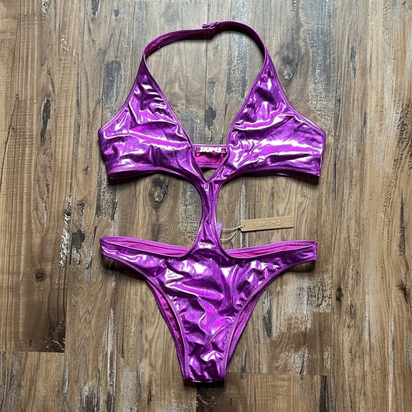 SKIMS | Swim | Skims Metallic Halter Monokini Bathing Suit | Poshmark